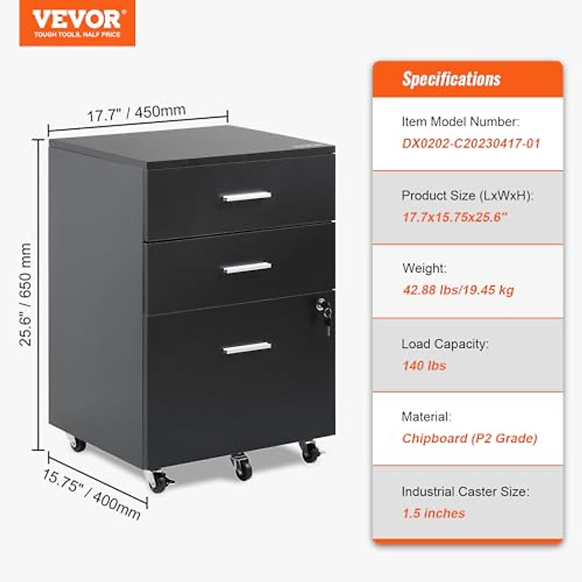 VEVOR File Cabinet, 3-Drawer Wood Filing Cabinet, Locking Office Cabinet for Letter/A4 Size, File Cabinet with 5 Wheels for Home Office, Black