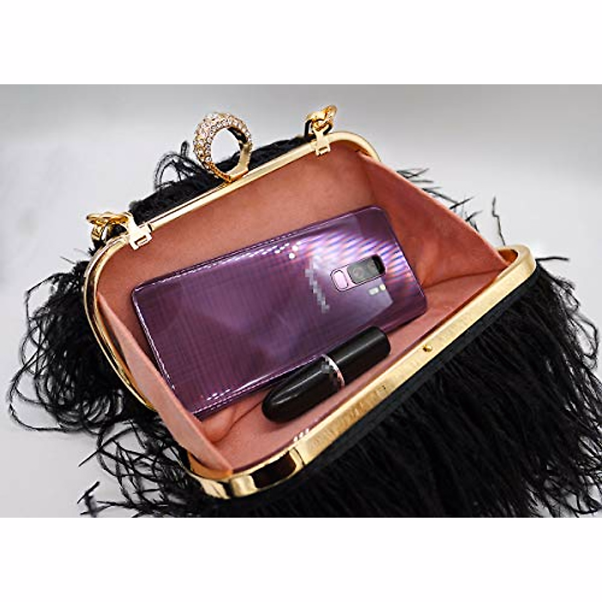 QEBURI Women Fluffy Ostrich Feather Evening Dress Clutch Bag Purse Shoulder Bag (Pale Peach)