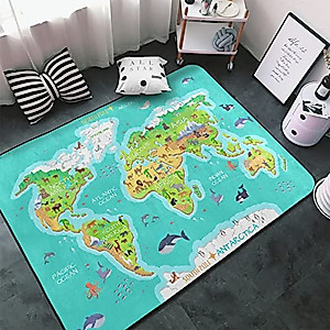 YEAHSPACE World Map Rug 60x39 inch Learning Game Study Room Classroom Library Playroom Decoration-Cartoon World map