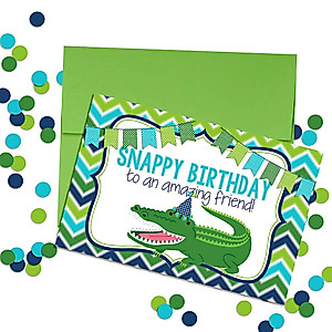 Snappy Birthday Alligator Themed Birthday Pun Themed Single (1) All Occasion Blank Birthday Card To Send To Friends & Family, 4"x 6" (when folded) Fill In Greeting Note Card by AmandaCreation