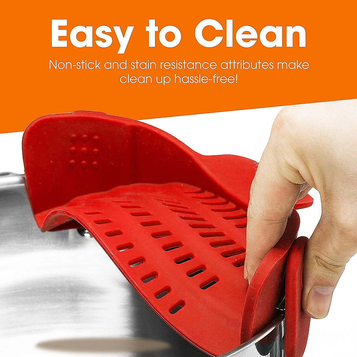 Cheer Collection Silicone Clip on Pot Strainer, Heat-resistant Snap-On Strainer for Pasta, Noodles, Rice, Meats and Vegetables, Red
