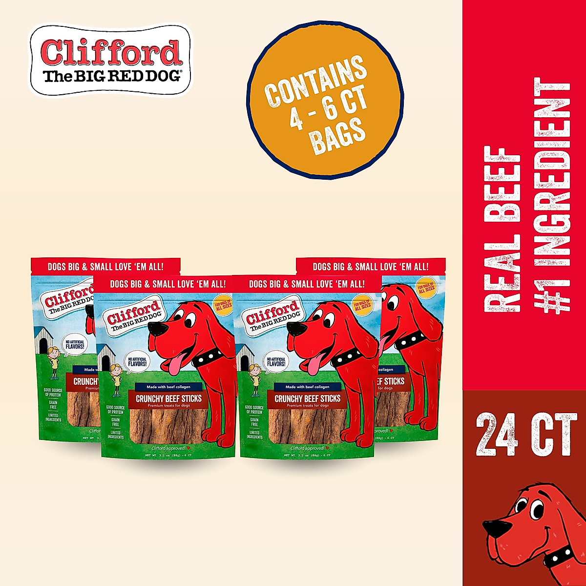 Clifford® Crunchy Beef Sticks for Dogs | Healthy Dog Treats Small Dogs, All Breed Sizes | Real Collagen Beef Dog Treats, Grain and Rawhide Free, Natural Dog Treats - Limited Ingredients (24 Count)