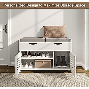 ChooChoo Shoe Storage Bench with Lift Top Storage, Entryway Bench with 2 Cushioned Seats, 3 Compartments, Adjustable Shelf, Shoe Cabinet with Hidden Storage for Entryway, Bedroom, Living Room, White