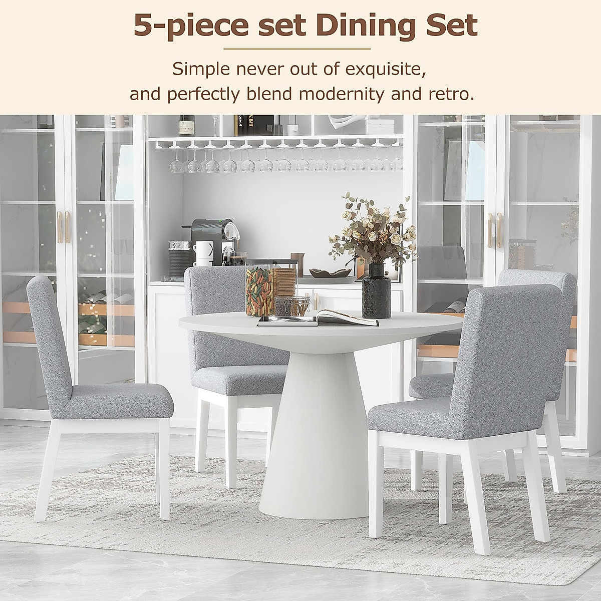 kevinplus 46.5'' Round Wood Dining Table for Living Room Dining Room Kitchen, Modern Circle Dining Kitchen Table for 4-6, Contemporary Living Room Dining Room Table Furniture (φ46.5"x30.2", White)