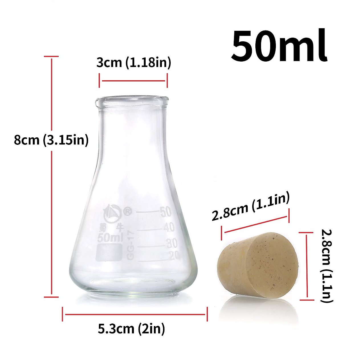 Young4us Glass Erlenmeyer Flask Set, (250 ml, 150 ml & 50 ml) Graduated Borosilicate Glass Erlenmeyer Flasks with Rubber Stoppers & Accurate Scales for Lab, Experiment, Chemistry, Science Studies etc