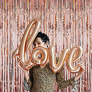 2-Pack 3.2ft x 8.2ft Rose Gold Metallic Tinsel Foil Fringe Curtains for Birthday Wedding Bridal Shower Baby Shower Bachelorette Celebration Party Decorations