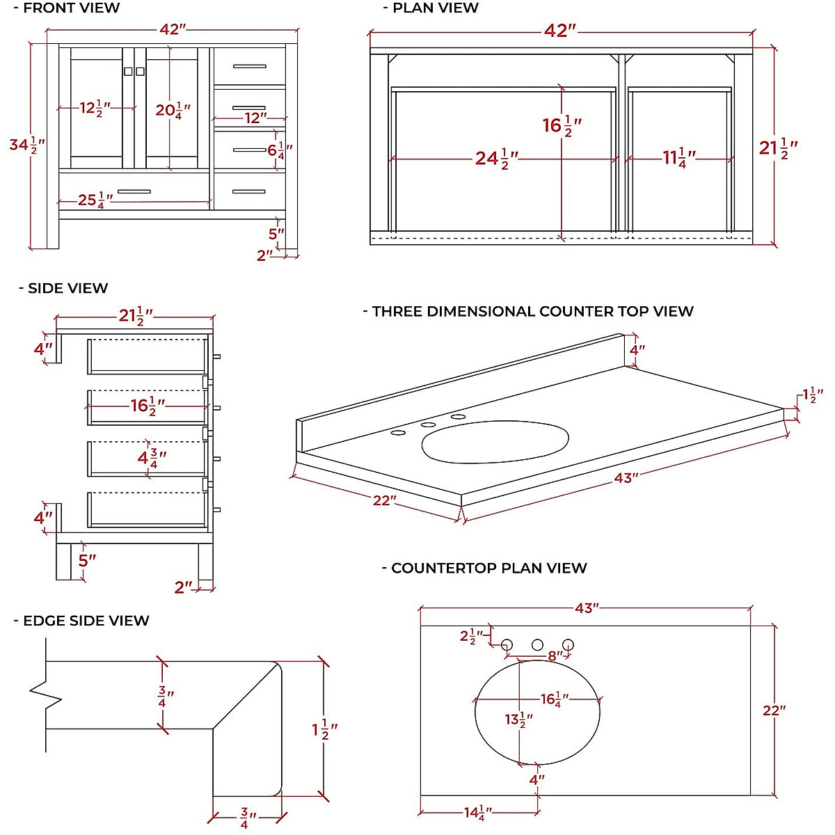 ARIEL 43" Grey Bathroom Vanity with 1.5" Edge Italian Carrara Marble Countertop & Backsplash, Left Oval Sink, 2 Soft Closing Doors, 5 Full Extension Dovetail Drawers, Toe Kick, Matte Black