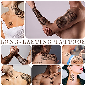 77 Sheets Temporary Tattoo for Women and Men, Half Sleeve Realistic Temporary Tattoos Lion Wolf Owl Elk Snake Butterfly Rose for Girls Boys, Waterproof Fake Tattoos for Adults Chest Shoulder Neck Hand