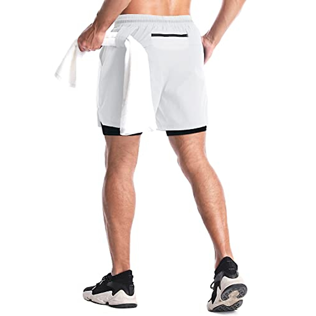 Aolesy Men’s 2 in 1 Running Shorts 5 Inch Workout Gym Athletic Shorts for Men Quick Dry Lightweight Training Shorts with Pockets White