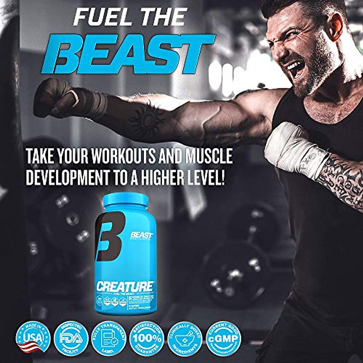 Beast Sports Nutrition Creature - 180 Vegetable Capsules - 5 Forms of Creatine + Creatine Optimizers - Improve Strength, Muscle Tone, Endurance, Recovery & Energy Production - 60 Servings