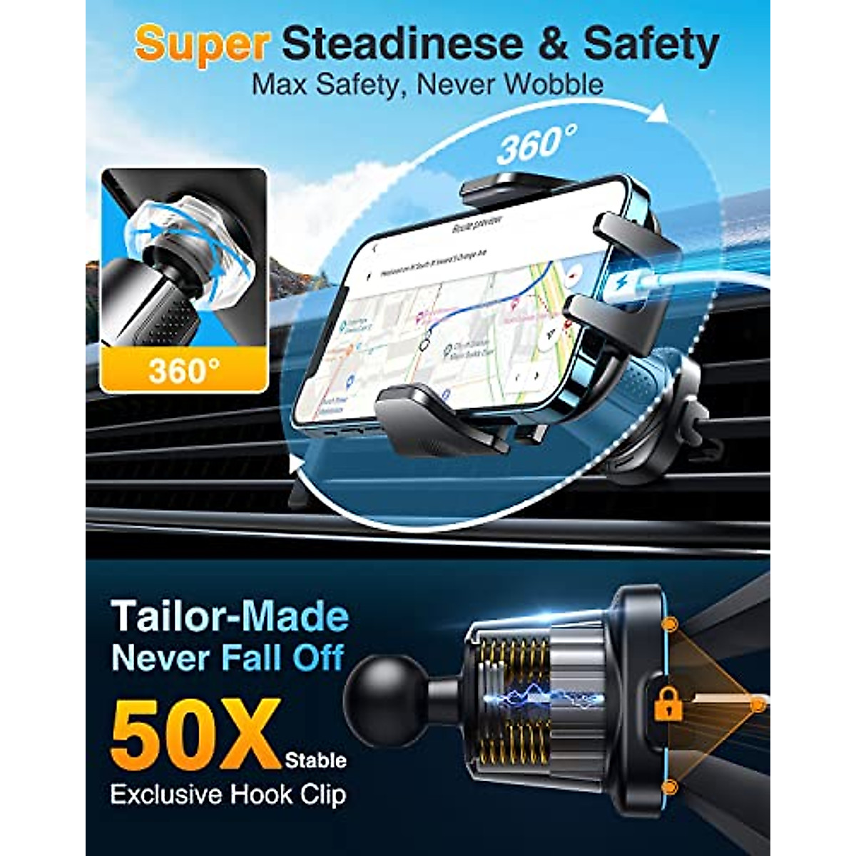 VANMASS Upgraded Car Vent Phone Mount [Patent Steel-Hook] Air Vent Holder Clip Sturdiest Shockproof Universal Mobile Cell Phone Mount Handsfree Stand Cradle for iPhone 14 13 Samsung Galaxy,Black