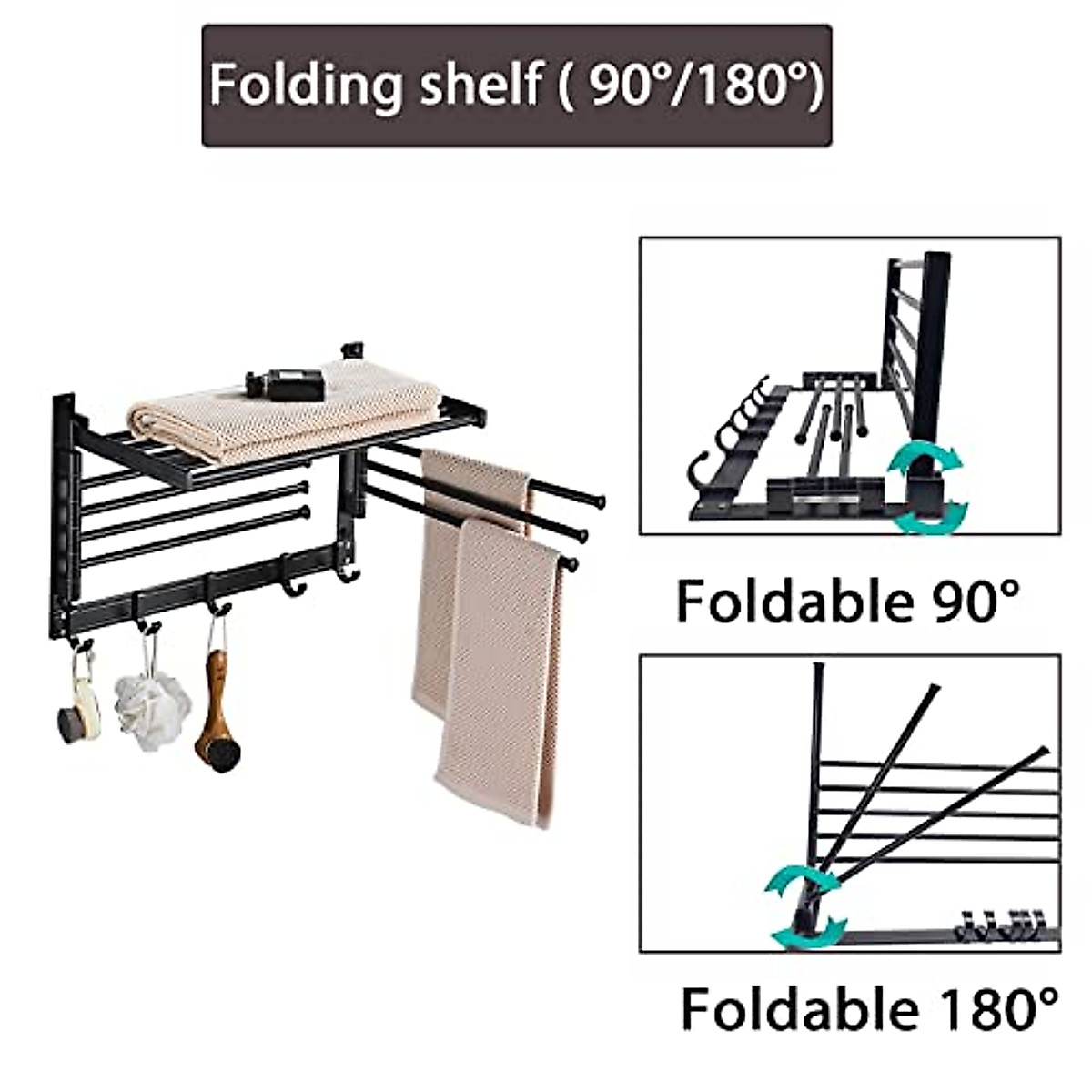 Gtouse Stainless Steel Towel Rack,23 Inch Bathroom Towel Rack with Shelf,Foldable Towel Shelf with Movable Hooks Rustproof Towel Storage Wall Mount for Bathroom Lavatory Matte Black