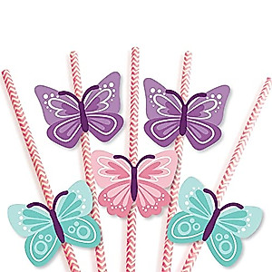 Big Dot of Happiness Beautiful Butterfly - Paper Straw Decor - Floral Baby Shower or Birthday Striped Decorative Straws - Set of 24
