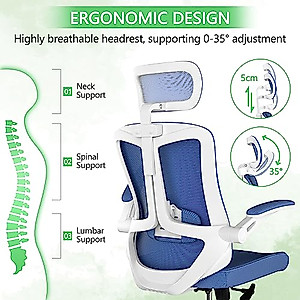 balmstar Ergonomic Office Chair, Home Office Desk Chair with Adjustable Headrest & Lumbar Support, Swivel High Back Computer Chair, Breathable Mesh Desk Chair, PU Silent Wheels, Flip-Up Arms (Blue)