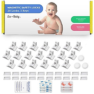 Eco-Baby Cabinet Locks for Babies - 20-Pack Magnetic Baby Proof Safety Latches﻿, 3 Keys - Magnetic Child Proof Cupboard Drawers, Doors - Easy Installation No Drilling or Tools Required