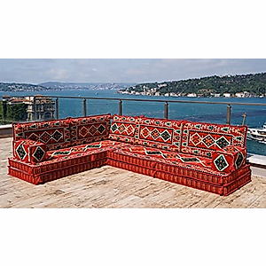 Red L Shaped Pallet Cushions, Arabic Floor Sofa Set, Oriental Floor Seating, Sectional Floor Cushion, Indoor Floor Pillows, Arabic Sofa Set (L Sofa Only)