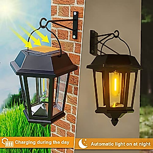 2 Pack Solar Lanterns Outdoor Waterproof Hanging Lights, Metal Solar Hanging Lanterns Outdoor with Clear Glass & Hook, Anti-Rust LED Solar Wall Lantern Sconce Light Fixture for Garden, Porch, Fence