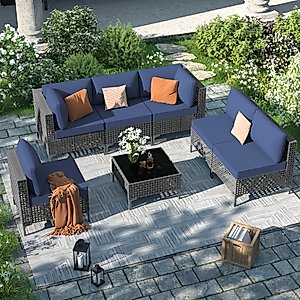 Piltwoff Patio Furniture Set,7 Piece Outdoor Sectional Sofa, Open-Weave Wicker Patio Conversation Sets with Navy Cushions & Glass Coffee Table for Balcony Porch Pool Deck,Grey Rattan