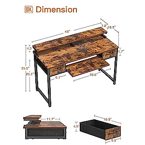 ODK Computer Desk with Keyboard Tray and Drawers, 48 inch Office Desk with Storage, Writing Desk with Monitor Shelf, Work Desk Workstation for Home Office/Bedroom, Rustic Brown