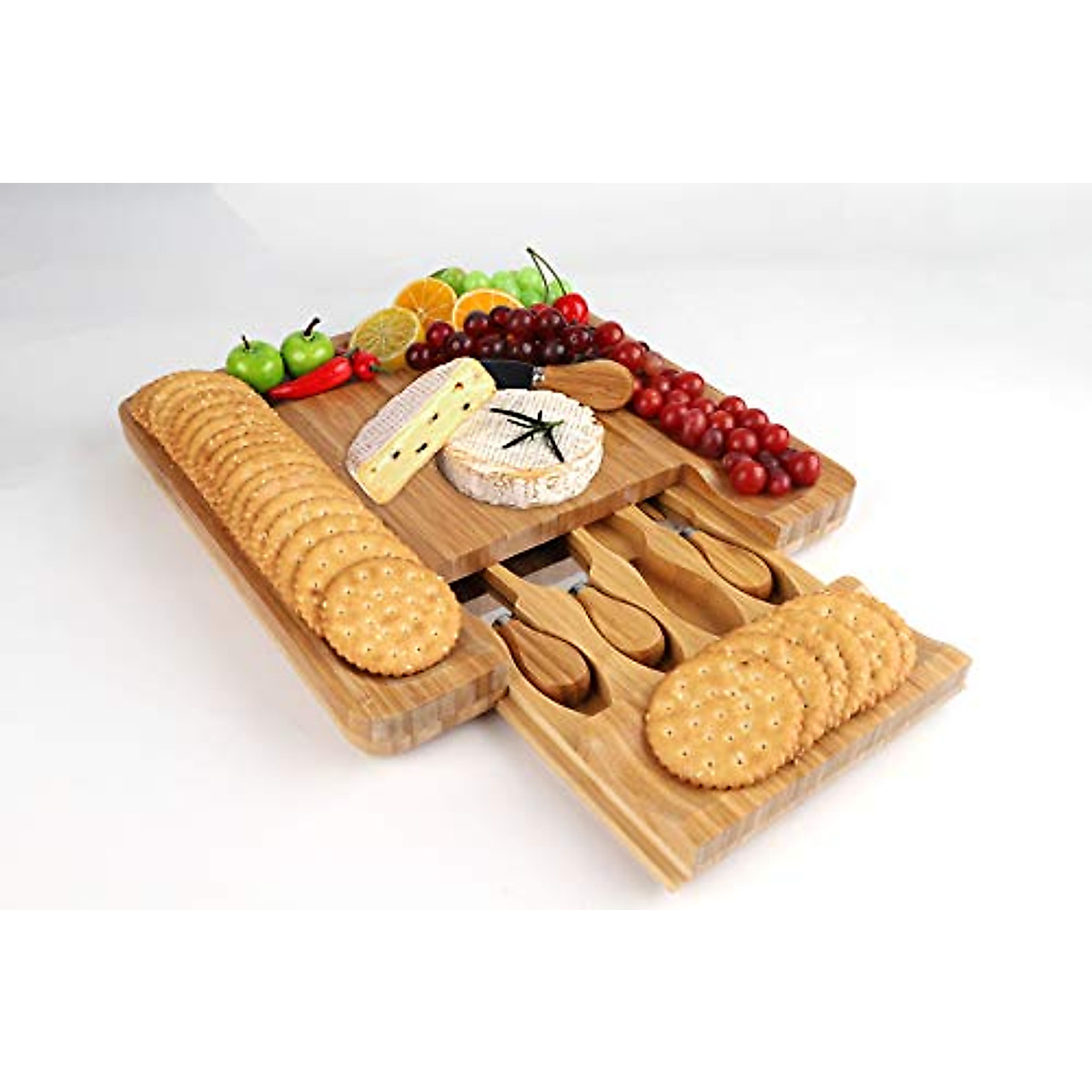 Natural Premium Bamboo Cheese Board - with Slide Out Cheese Knife Drawer, Perfect as a Charcuterie Platter and Wine Serving Tray. Ideal for Birthdays, Weddings or Housewarming Gifts.