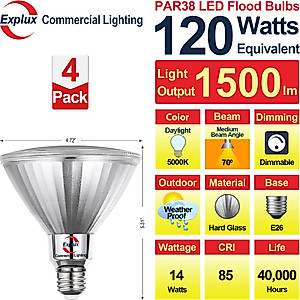 Explux Commercial-grade LED PAR38, 120W Equivalent, 1500 Lumens, 40000 Hours, Classic Full Glass Flood Light Bulbs, Dimmable, Waterproof & Anti-Ageing, Daylight 5000K Spotlight, 4-Pack