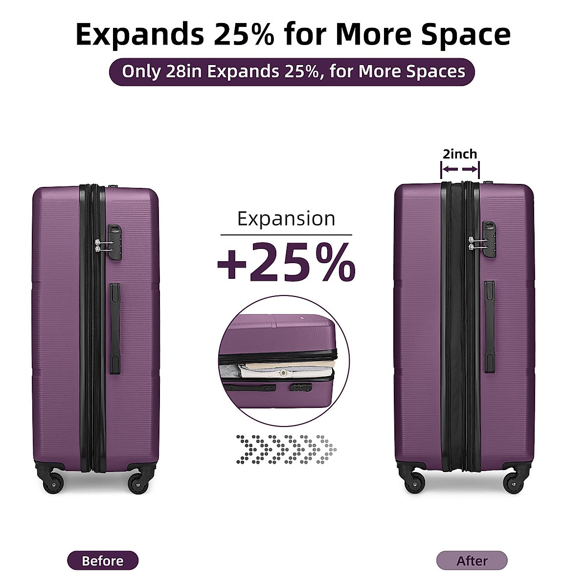 Lulusail LARVENDER Luggage Sets 3 Piece, Expandable(Only 28inch) ABS Durable Suitcase with Travel Bag, Clearance Carry On Luggage Suitcase Set with 360° Spinner Wheels for Women Men, Purple