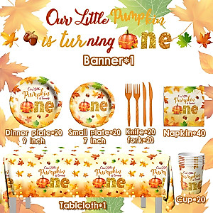 Dydamud Our Little Pumpkin is Turning One Decorations,143Pcs Little Pumpkin 1st Birthday Tableware Maple Leaf Fall Baby Shower Plates and Napkins for Thanksgiving Pumpkin First birthday Supplies