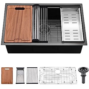 33 Inch Black Undermount Kitchen Sink Workstation-Bokaiya 33x19 Kitchen Sink Undermount 16 Gauge Deep Stainless Steel Single Bowl Undermount Workstation Sink with Cutting Board