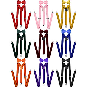 9 Pcs Adjustable Elastic Y Back Style Suspenders Fun Bow Ties for Men with Metal Clips 1 Inch Wide Y Shape Suspenders for Men and Women, 9 Colors