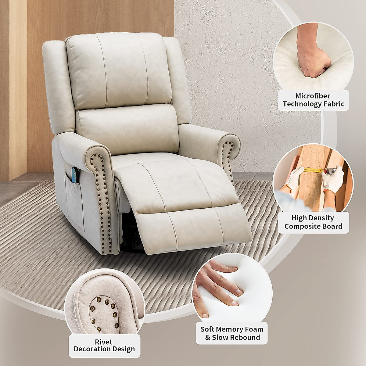 Vicluke Microfiber Technology Cloth Massage Recliner Chair 360°Swivel Heated, Faux Leather Ergonomic Recling Sofa with Rivet Decoration, Recliner Rocking Chair for Living Room, Office(Off-White)