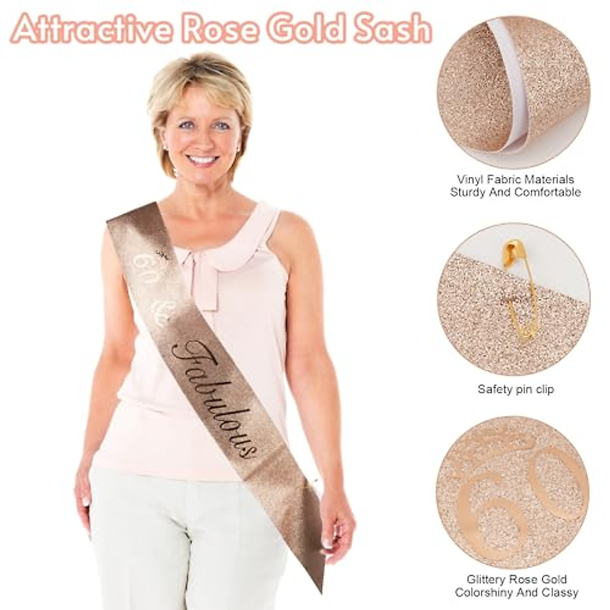 60th Birthday Decorations, Birthday Crown Set Includes Rose Gold Shoulder Strap, Cake Insert Plaque, 60th Font Candle, Kraft Greeting Card, and Simulated Roses Perfect for Women/Girls Birthday Party!