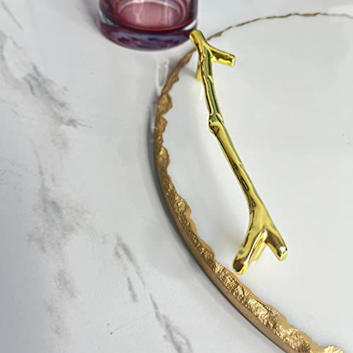 Luxury Marble Tray with Stylish Metal Handles, Vanity Tray, Marble Serving Tray for Kitchen, Counter, Dresser, Nightstand and Desk (White with Gold Edges and Handles (Round))