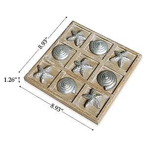 NIKKY HOME Wood Board Travel Game Beach Tic Tac Toe for Fun, Coastal Beach House Coffee Table Decor 8.93 x 8.93 x 1.26 inches - Silver