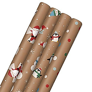 Hallmark Recyclable Kraft Christmas Wrapping Paper for Kids with Cut Lines on Reverse (4 Rolls: 88 sq. ft. ttl) Penguins, Santa, Snowmen, Polka Dots