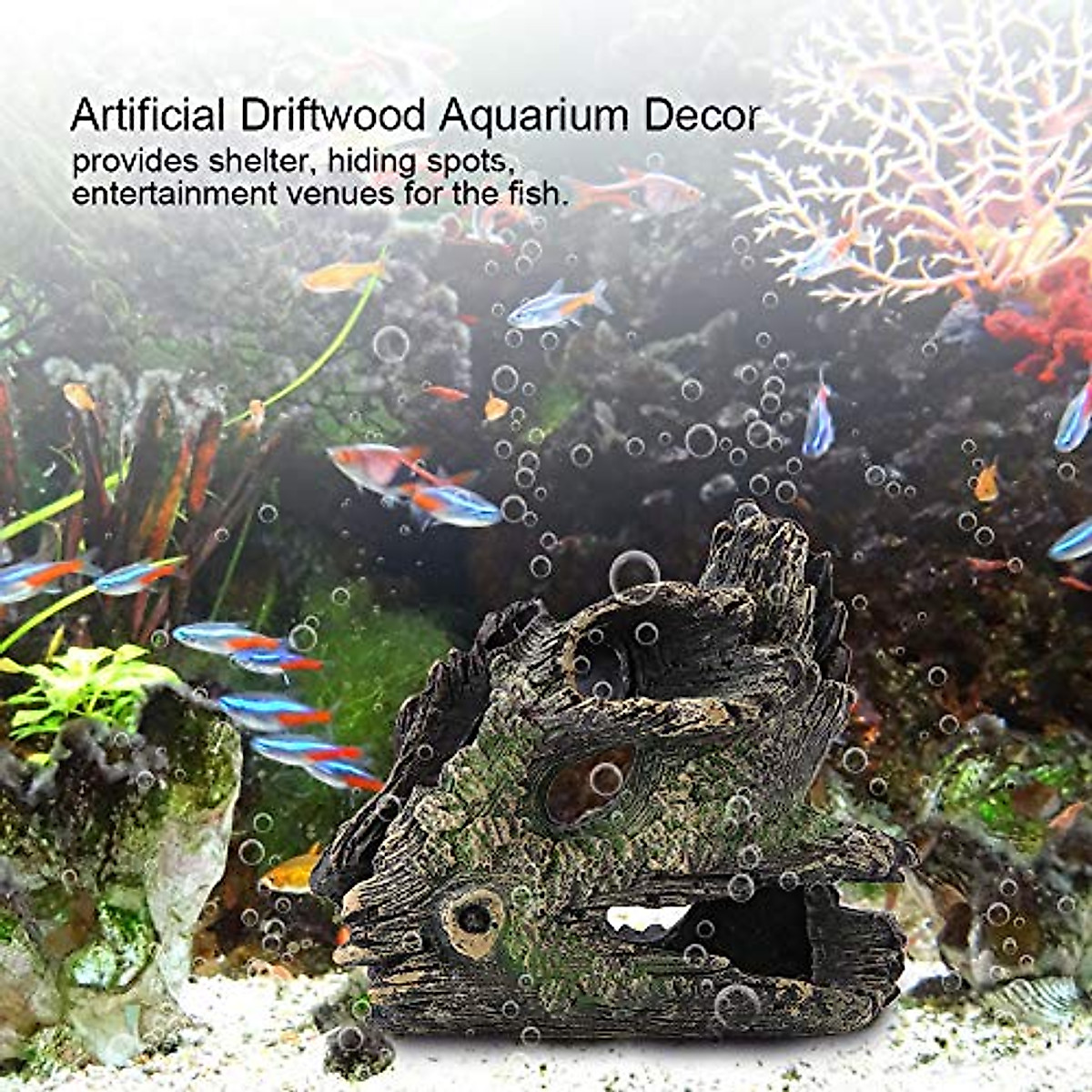 Tiiyee Aquarium Hollow Tree Trunk Ornament, Fish Decor with Moss Artificial Driftwood Polyresin Hideout Decoration Ornament for Fish Tank and Landscape Resin Log Hideaway(ST 004C)