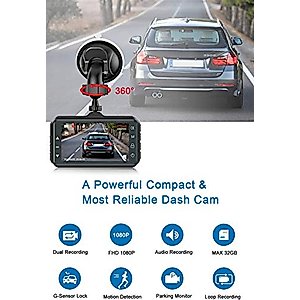 Dash Cam Front and Rear CHORTAU Dual Dash Cam 3 inch Dashboard Camera Full HD 170° Wide Angle Backup Camera with Night Vision WDR G-Sensor Parking Monitor Loop Recording Motion Detection