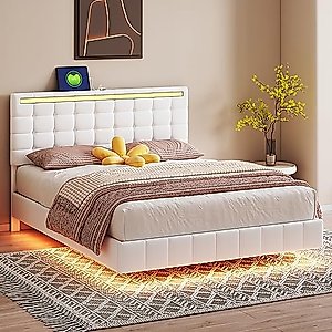 Goujxcy Queen Size Floating Bed Frame with LED Lights and USB Charging, Modern Upholstered Platform LED Bed Frame with Button Tufted Headboard (White 1+PU)