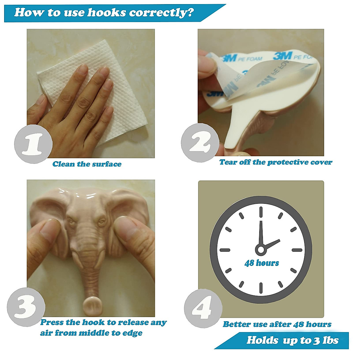 CAAHANJIA Ceramic Elephant Hooks,Adhesive Hooks,Wall Cabinet Door Towel Robe Clothes Hooks Self Adhesive Holders for Hanging Kitchen Bathroom Home Hooks 3 Pack (Black)