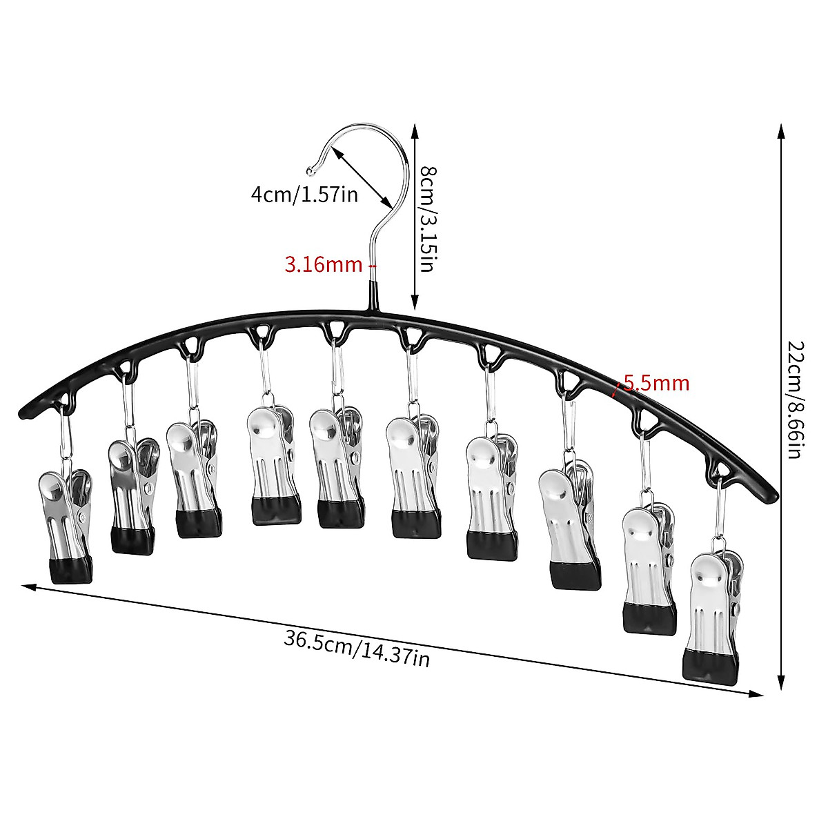 2 Pack Legging Organizer for Closet Hanging, Stainless Steel Clips Hangers for Pants with 10 Clips, Heavey Duty Legging Hangers for Closet Jeans Skirts Bras (Black)