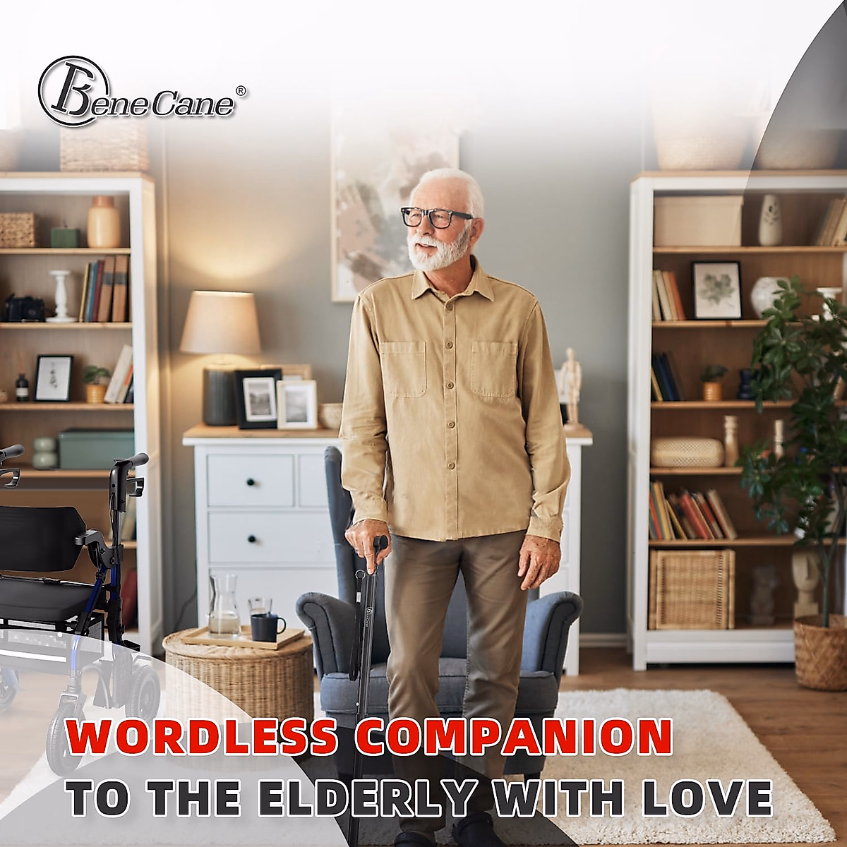 BeneCane Walking Cane for Men & Women Walking Stick for Seniors Folding Canes Quad Cane Adjustable Lightweight Sturdy Collapsible Heavy Duty with Soft TPR T-Handle and Travel Bag