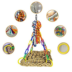 Bird Foraging Cage Toy, Seagrass Woven Climbing Hammock Swing Mat with Colorful Chewing Rope Toys, Suit for Lovebirds, Finch, Parakeets, Conure, Cockatiel