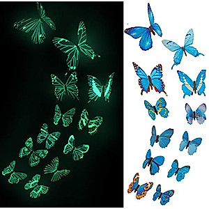 Glow in The Dark 3D Butterfly Stickers for Ceiling or Wall Decor, Adhesive 12pcs Butterflies for Kids Bedroom Nursery Living Room,Luminous Create a Realistic Butterflyry Home Garden