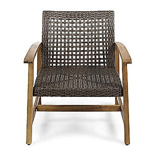Great Deal Furniture Viola Outdoor Wood and Wicker Club Chairs (Set of 2), Teak Finish and Mixed Mocha