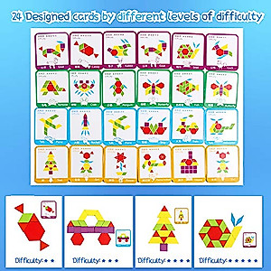Wooden Pattern Blocks Set for Classroom 155 Pcs Tangram Blocks for Kids Geometric Shape Puzzle Kindergarten Classic Educational Montessori Best STEM Fat Brain Toys Ages 4-8 with 24 Pcs Design Cards