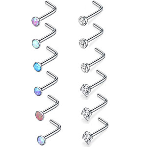 Piercingpops 12PCS 20g Tiny CZ Opal Nose Bone/L Shaped/Nose Screws Stud Stainless Steel Nose Ring Set Body Jewelry Piercing (12PCS - 3mm Opal & CZ（L Shaped Style）)