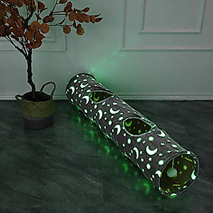 LUCKITTY Cat Tunnel Tube with Plush Ball Toys Collapsible Self-Luminous Photoluminescence, for Small Animals Pets Bunny Rabbits, Kittens, Ferrets,Puppy and Dogs Grey Moon Star