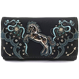 Justin West Horse Floral Embroidered Studded CCW Concealed Carry Shoulder Purse Handbag (Black Purse Wallet Set)