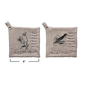 Creative Co-Op 8 Inches Square Cotton Slub Printed Cooking and Kitchenware, Cream and Black, Set of 2 Pot Holders