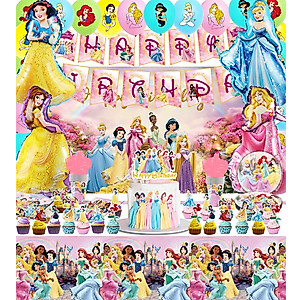 Princess Birthday Party Supplies for 24 Guests, Princess Birthday Decoration Include Happy Birthday Banner, Balloons, Aluminum film balloon, Backdrop, Cake Topper, Tableware, Hanging decoration