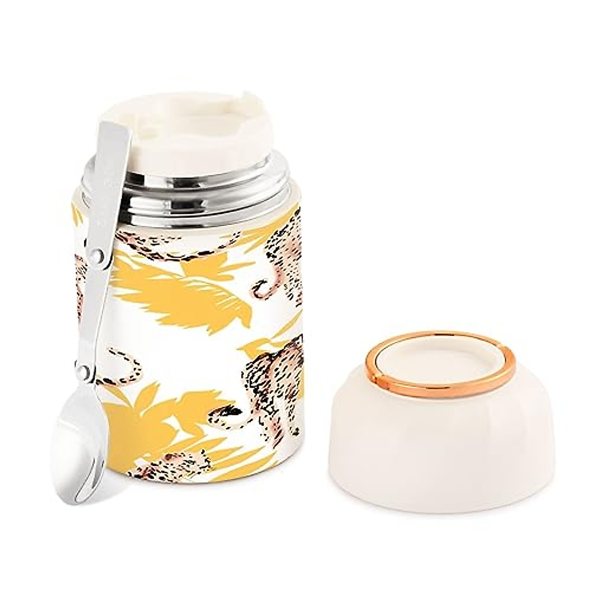 CUPADA Tropical Jungle Leopards Food Jar for Hot and Cold, Insulated Food Jars Vacuum 17OZ with Folding Spoon for Work Trip Picnic Camping